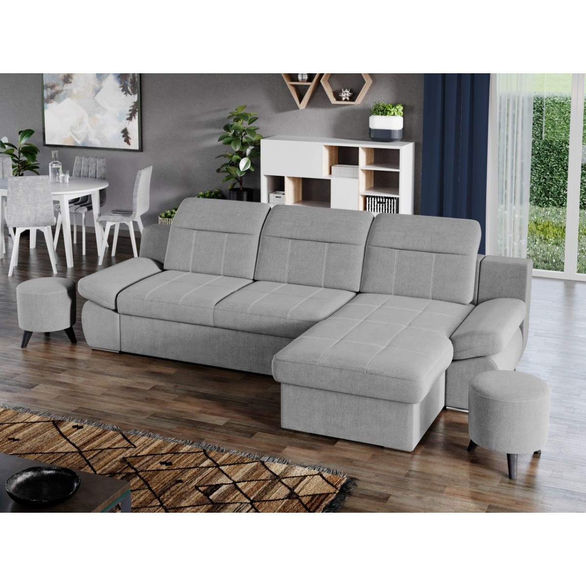 Coltar Mely, extensibil, lada depozitare, tetiere reglabile, stofa, 300 ...