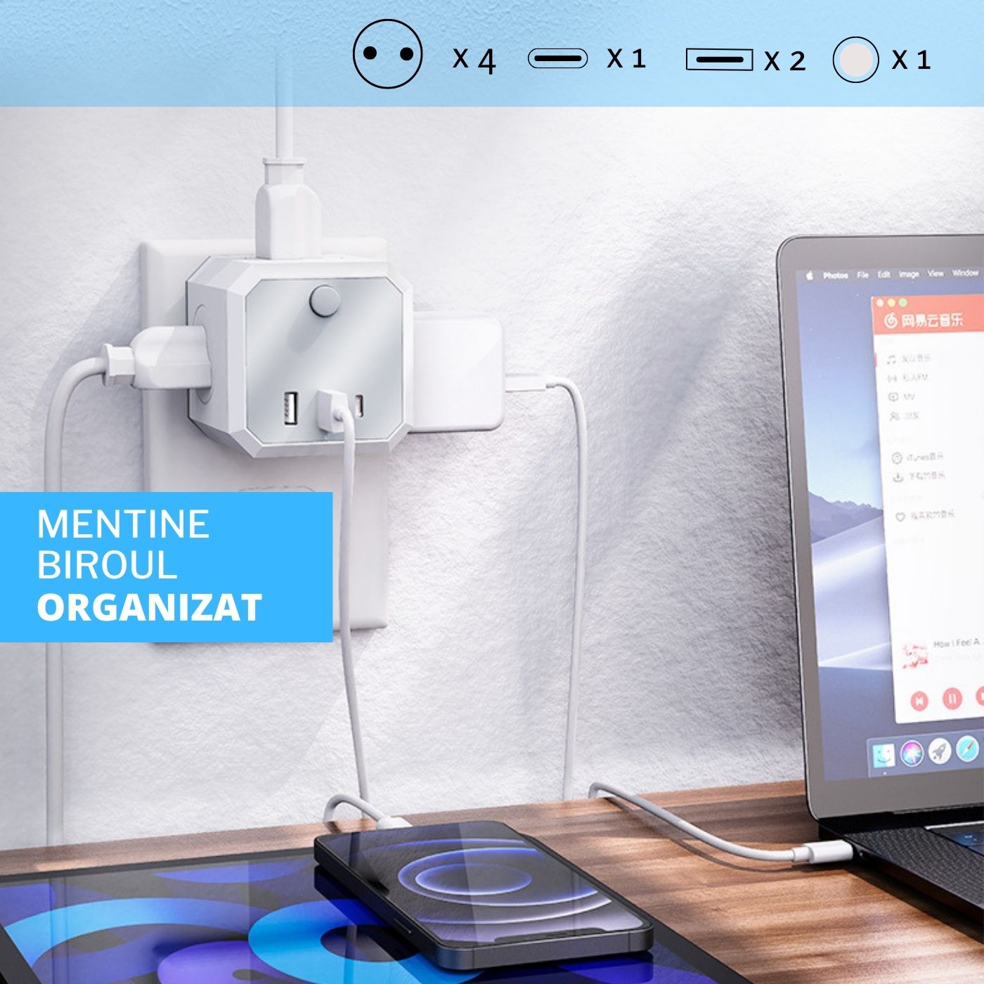 Prelungitor inteligent multifunctional pentru birou, 4 prize, 2 x USB ...