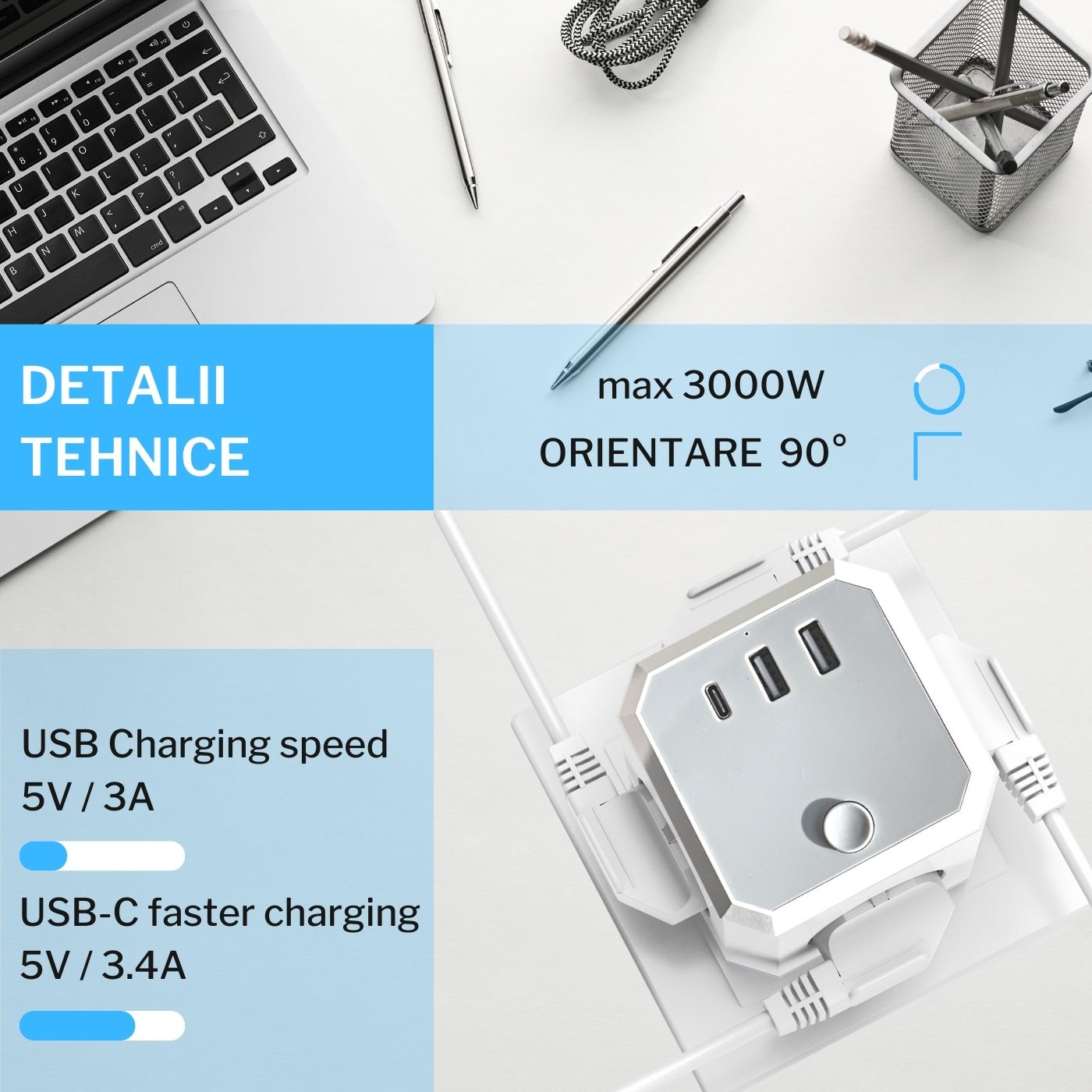 Prelungitor inteligent multifunctional pentru birou, 4 prize, 2 x USB ...