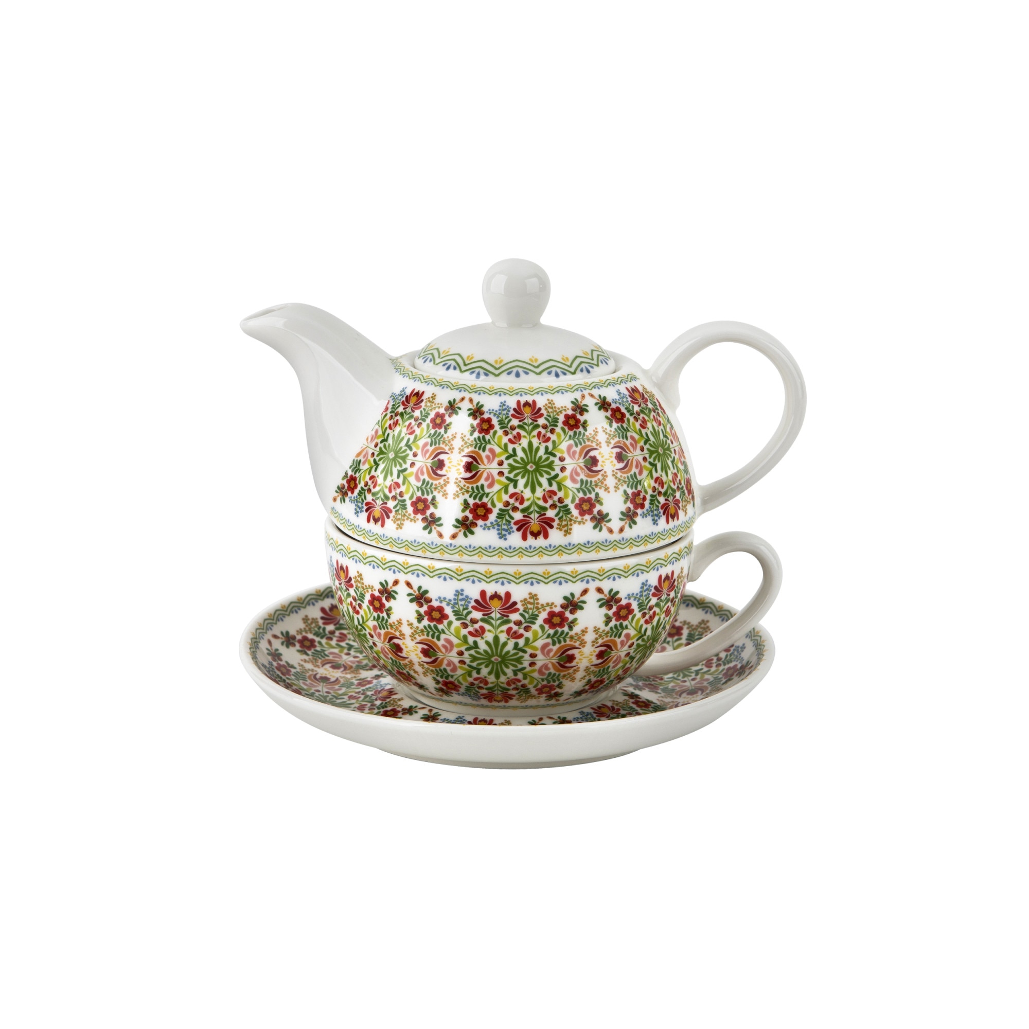 Set ceainic cu cana si farfurie, Duo, Portelan, 350 ml, Multicolor ...