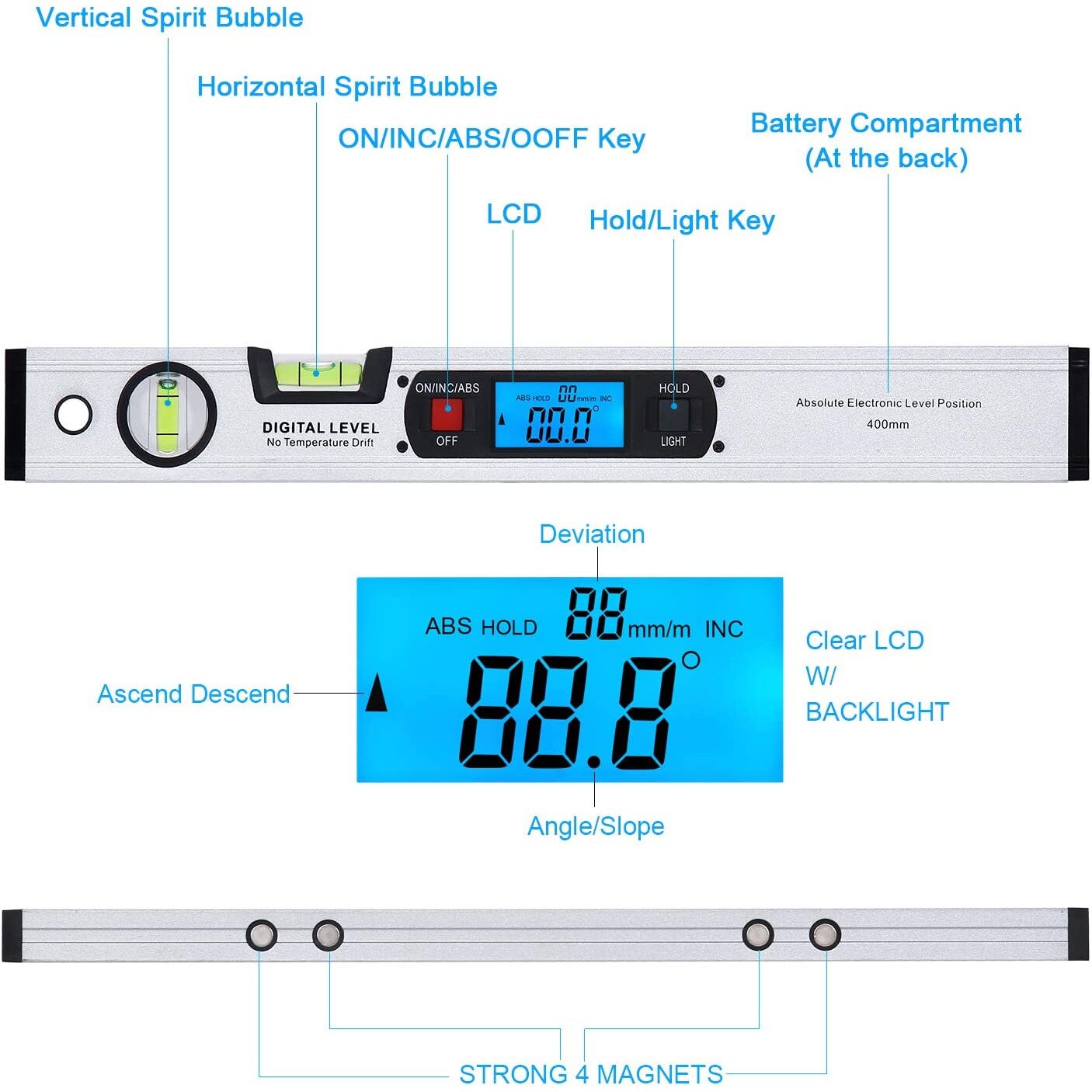Nivela digitala cu bula de aer, Afisajului LCD, Baza magnetica, 360 ...