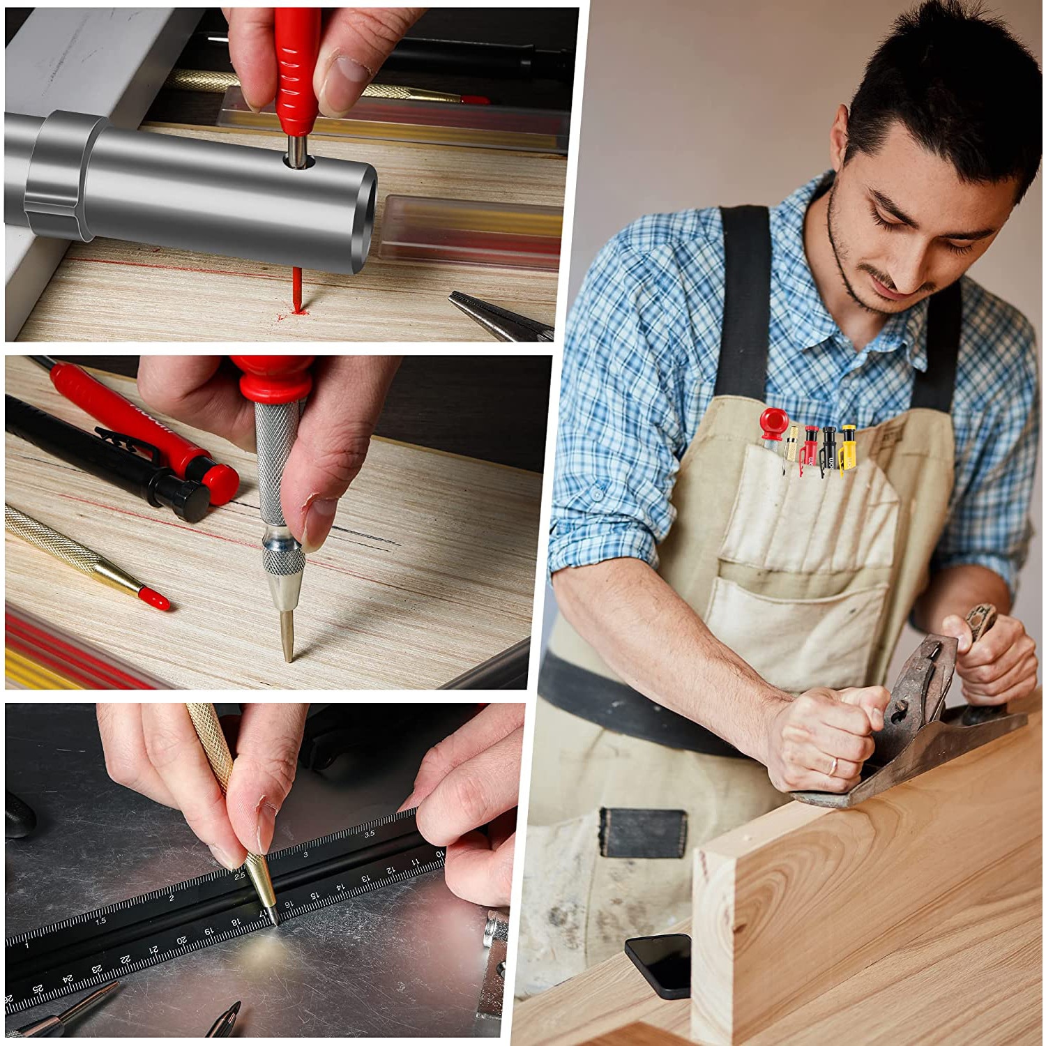 Set 8 creioane pentru dulgher, 21 Rezerve, Perforare centrala, Pentru ...