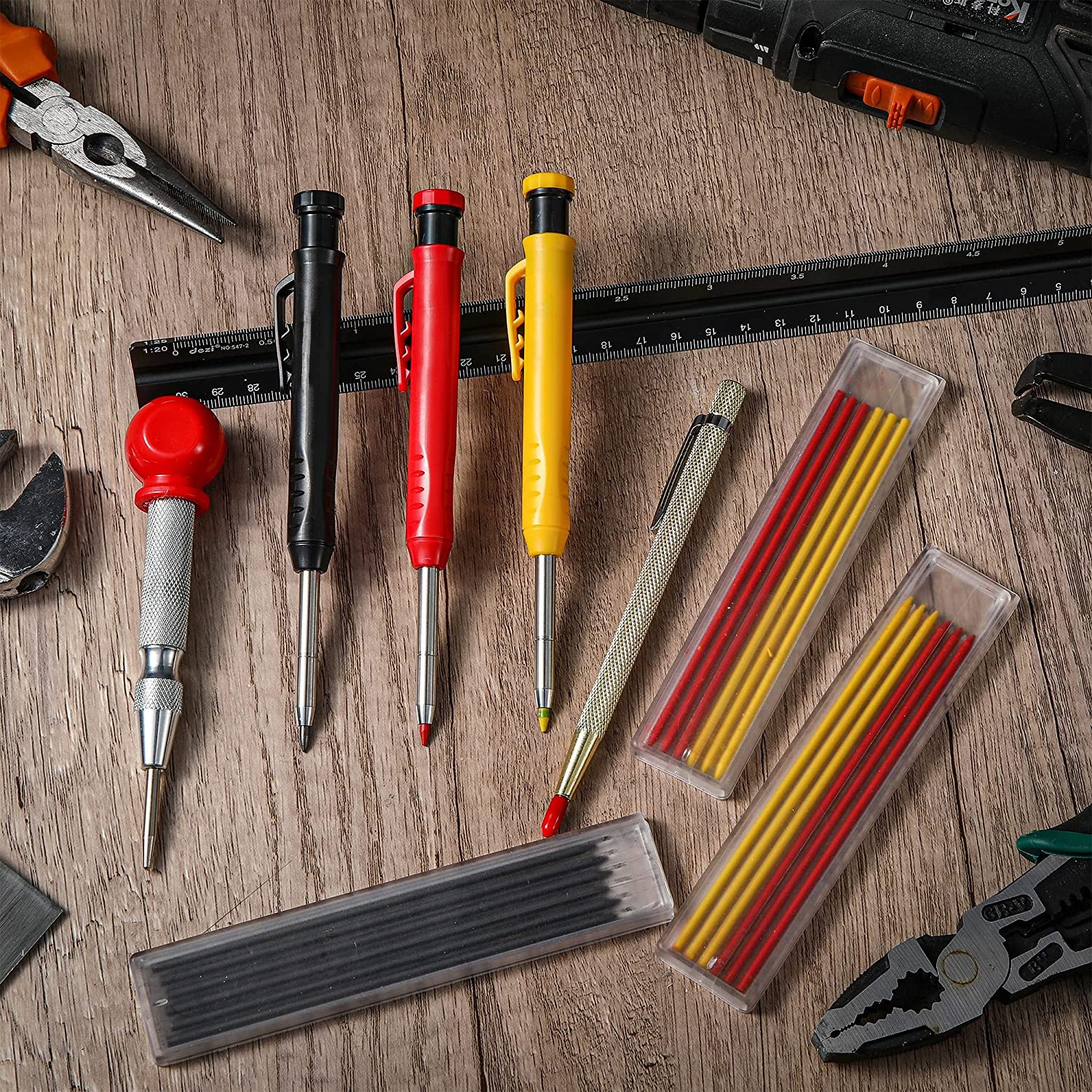 Set 8 creioane pentru dulgher, 21 rezerve, Perforare centrala, Pentru arhitect prelucrarea ...