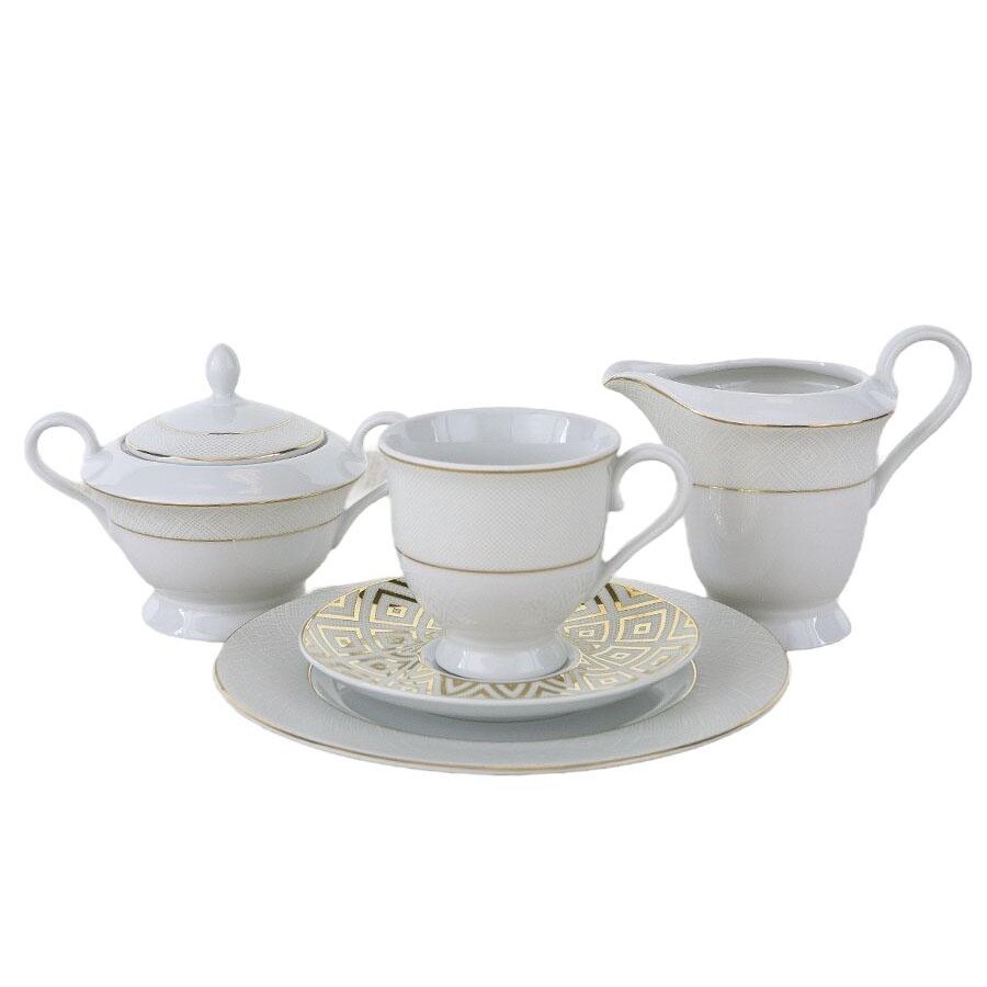 Set 20 piese servire cafea, Kristoff, 6 persoane, Portelan, Alb/Auriu ...