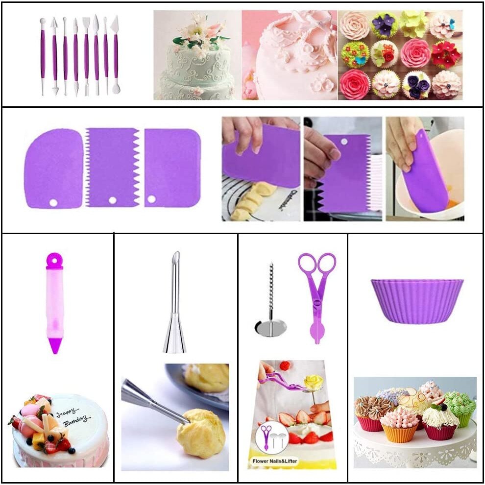 Set decorare tort, 118 bucati, Plastic/Inox/Silicon, Mov - eMAG.ro