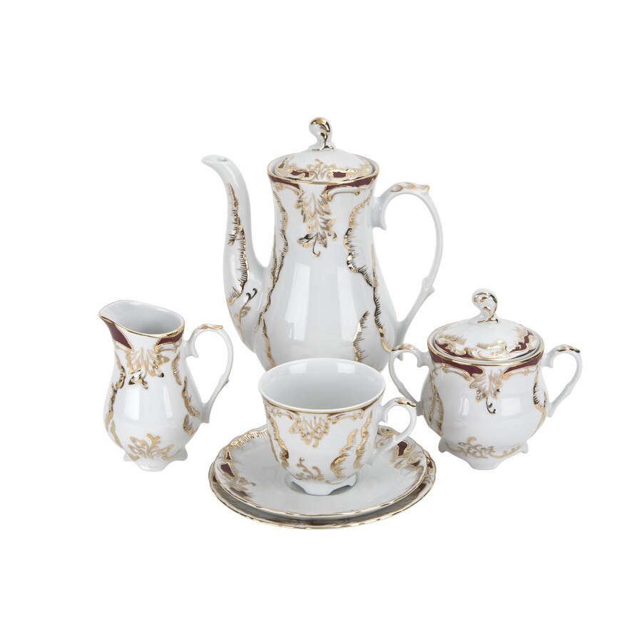 Set 39 piese servire cafea, Cmielow, 12 persoane, Portelan, Alb/Auriu ...