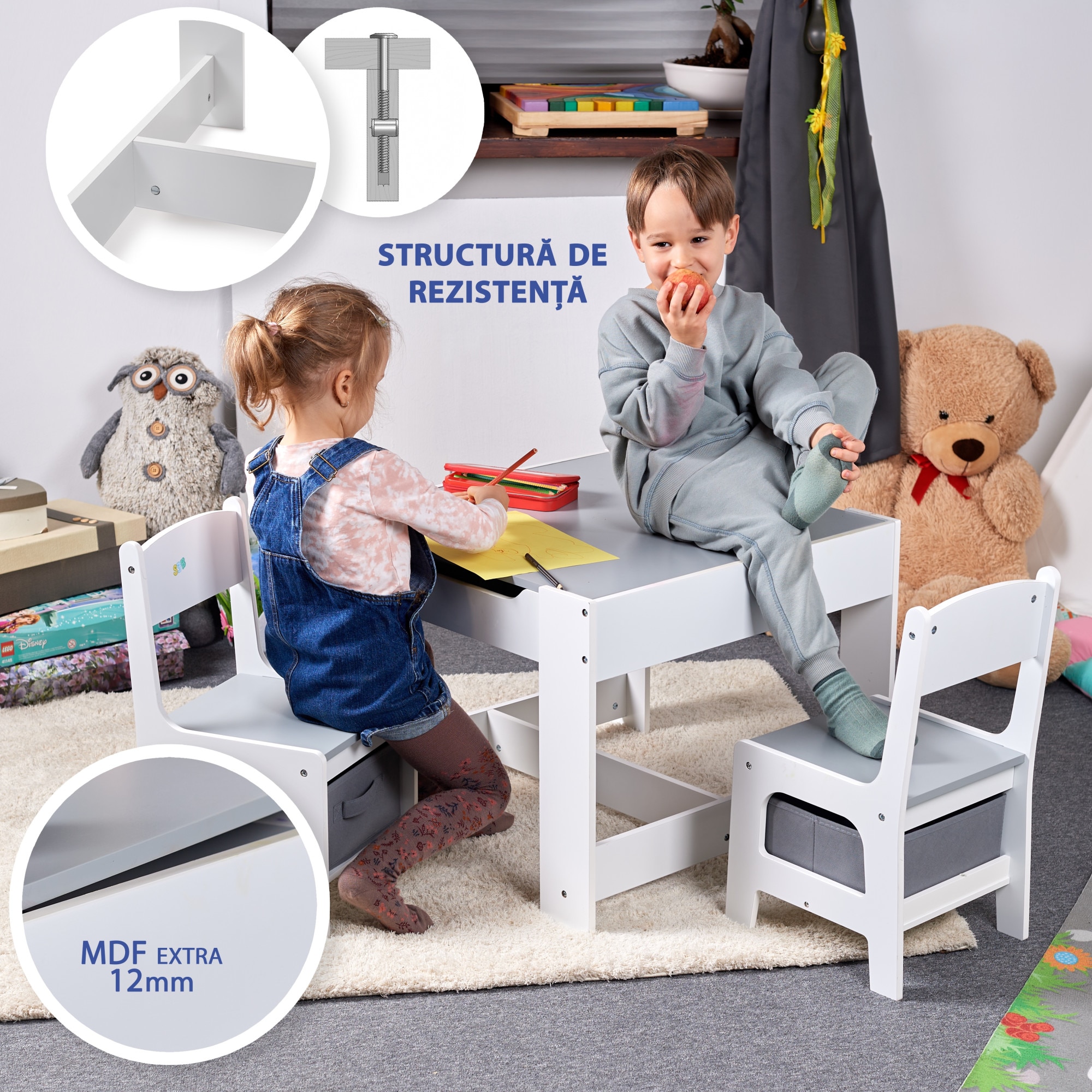Set Masa Cu Scaune Copii, 3 In 1, Suporto, Lemn Mdf, Tabla De Scris ...