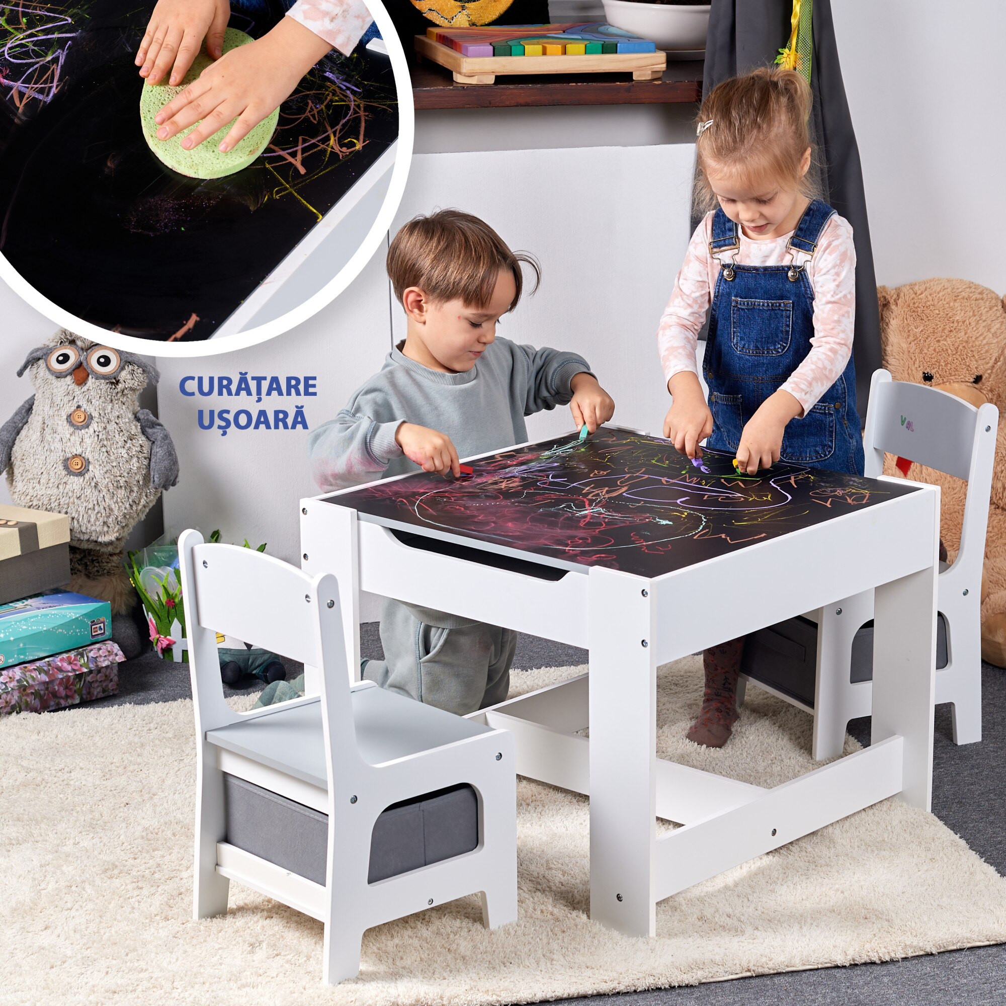 Set Masa Cu Scaune Copii, 3 In 1, Suporto, Lemn Mdf, Tabla De Scris ...