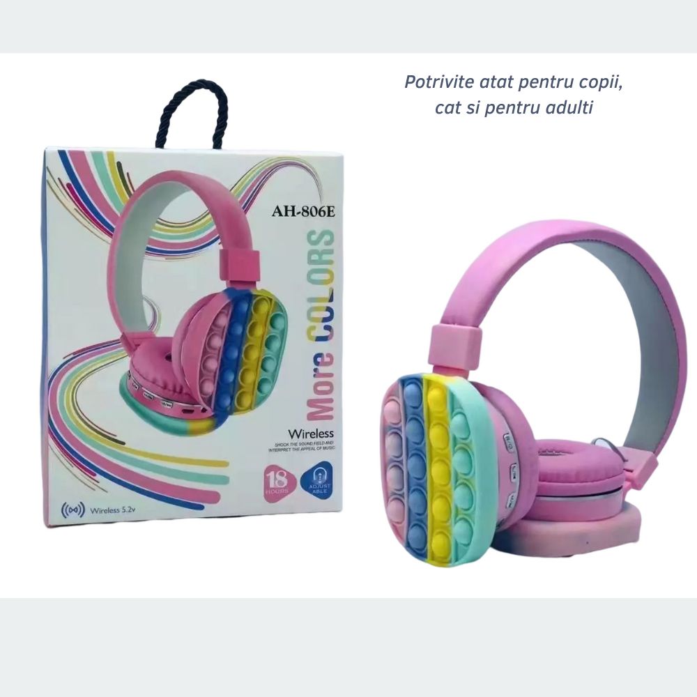 Casti Over Ear pentru copii, Model Pop It Rainbow, Wireless, Bluetooth ...