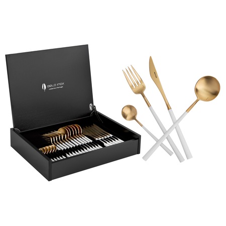 Комплект 24 прибора Neo White Gold, Belo Inox, Inox, Дървена кутия ...