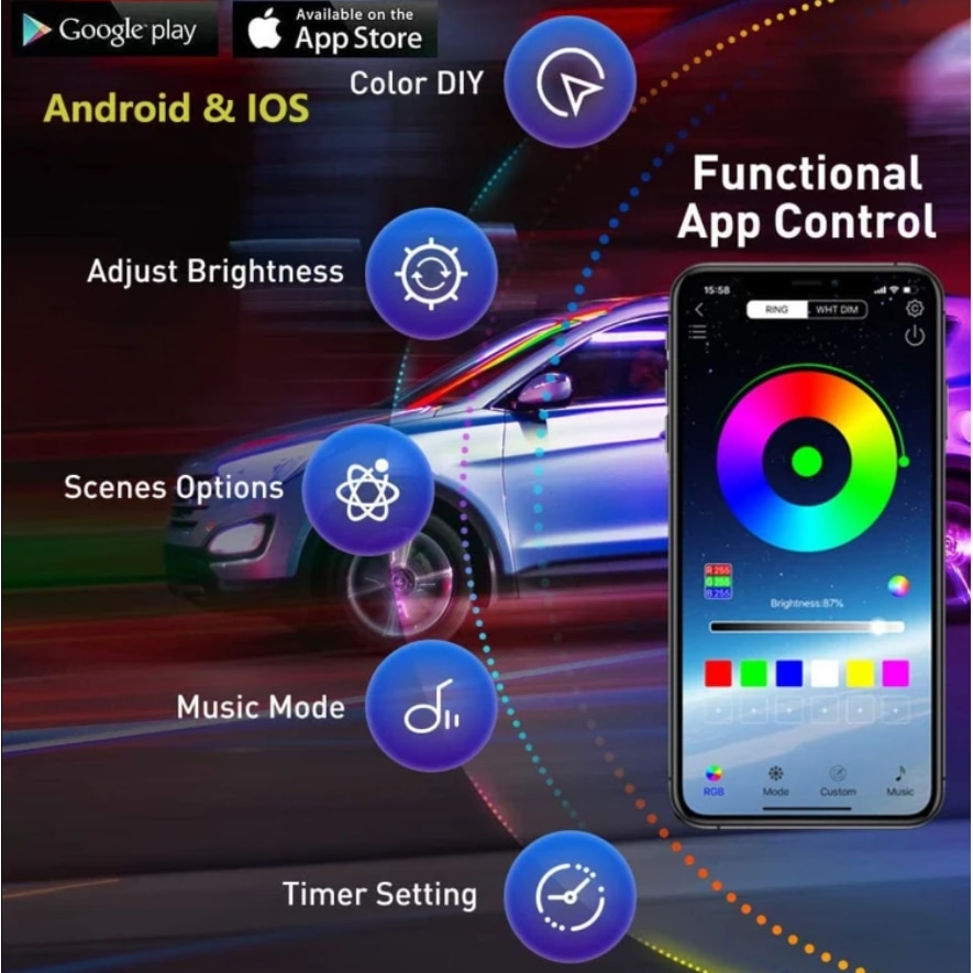 Banda LED auto, lumina ambientale, 6M, aplicatie mobil, 5 module - eMAG.ro