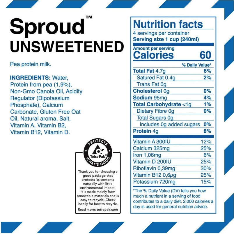 Lapte pe baza de mazare, Sproud Unsweetned, 6 bucati, fara zahar si ...