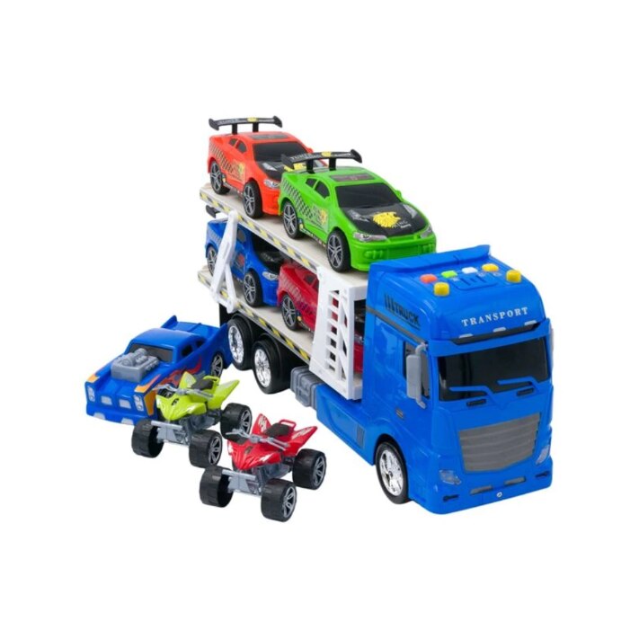 Camion de jucarie cu trailer si 4 masini de curse, albastru - eMAG.ro