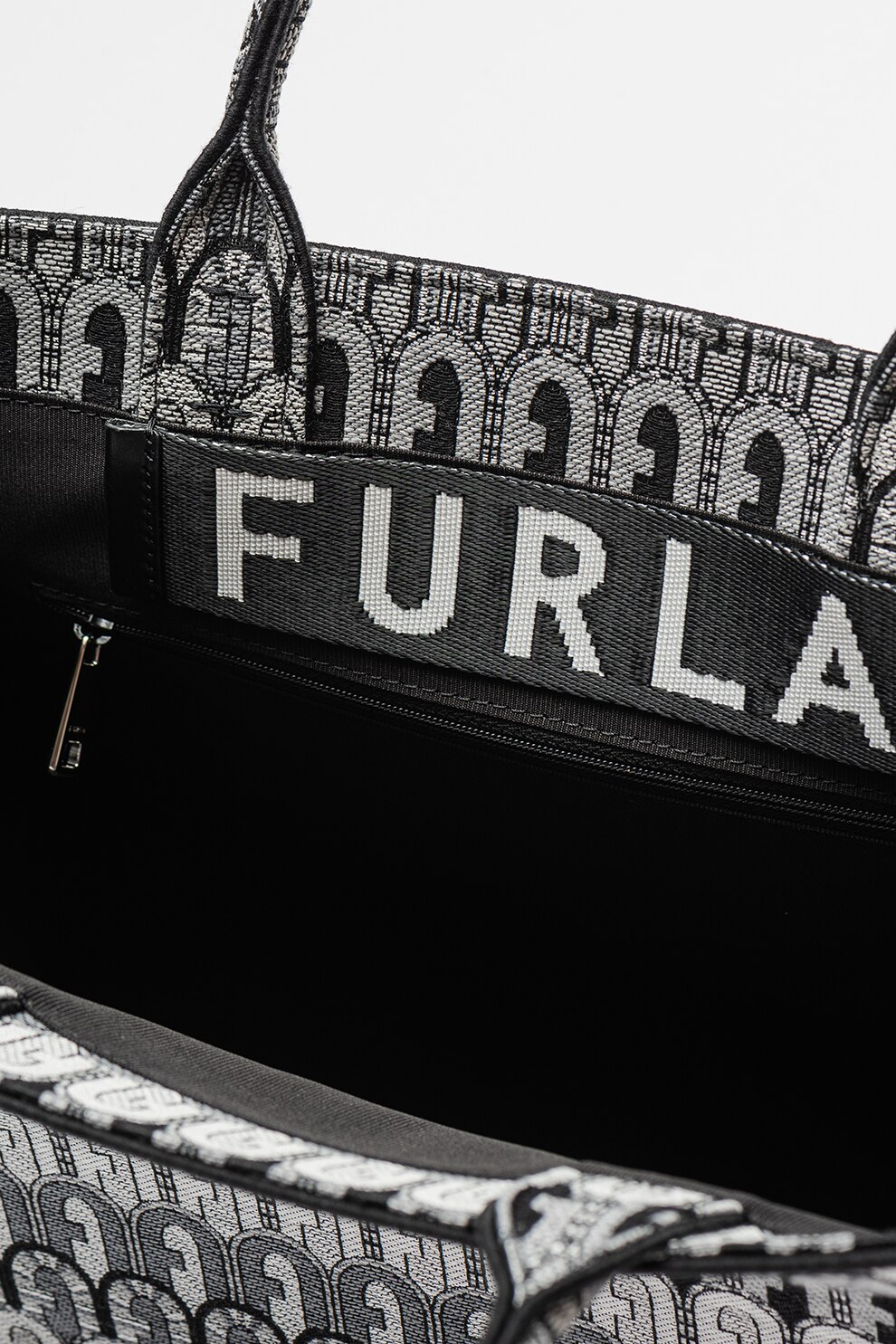 Furla, Geanta tote din jacquard cu monograma Oprotunity, Negru, Gri ...