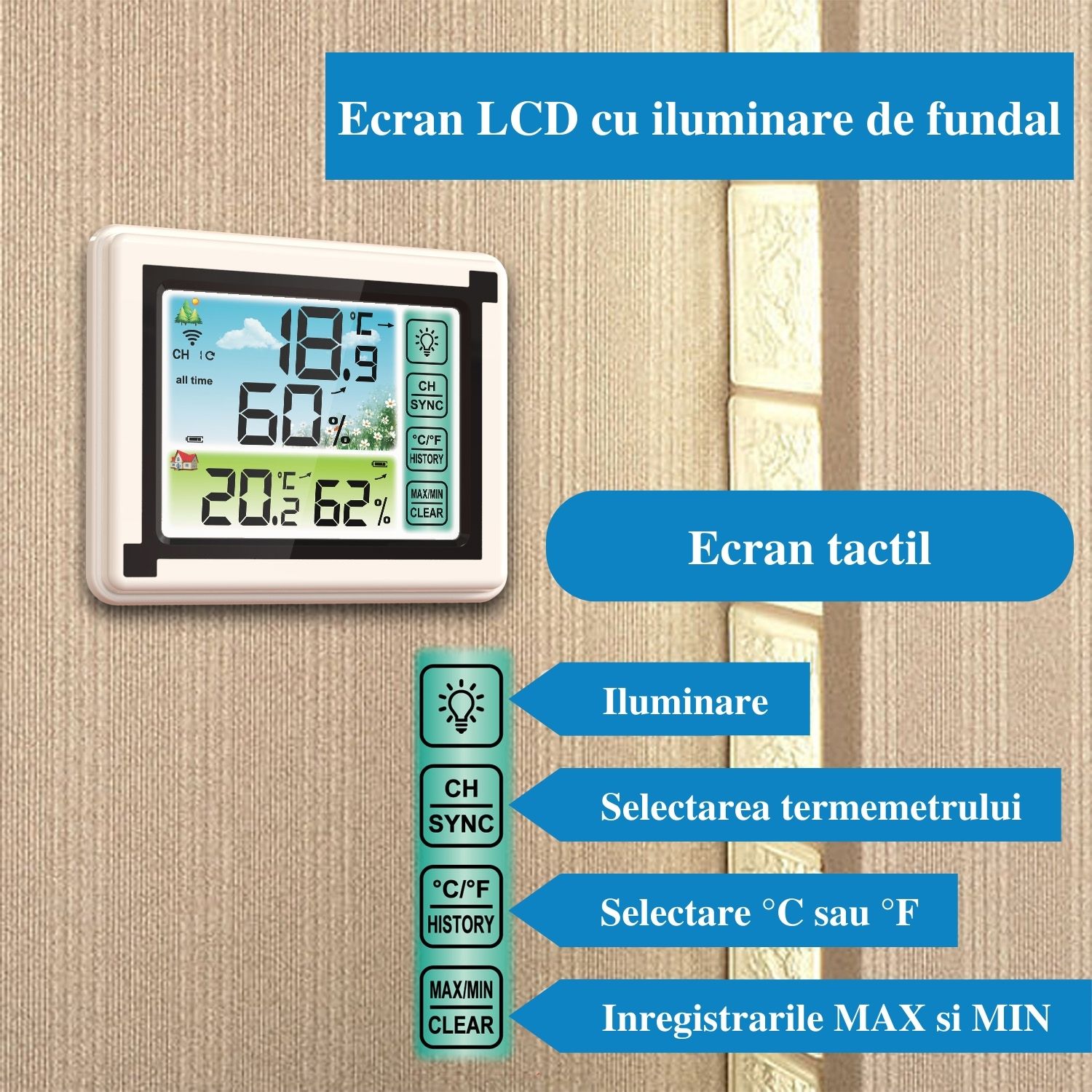 Termometru si higrometru profesional de camera si exterior cu 3 ...