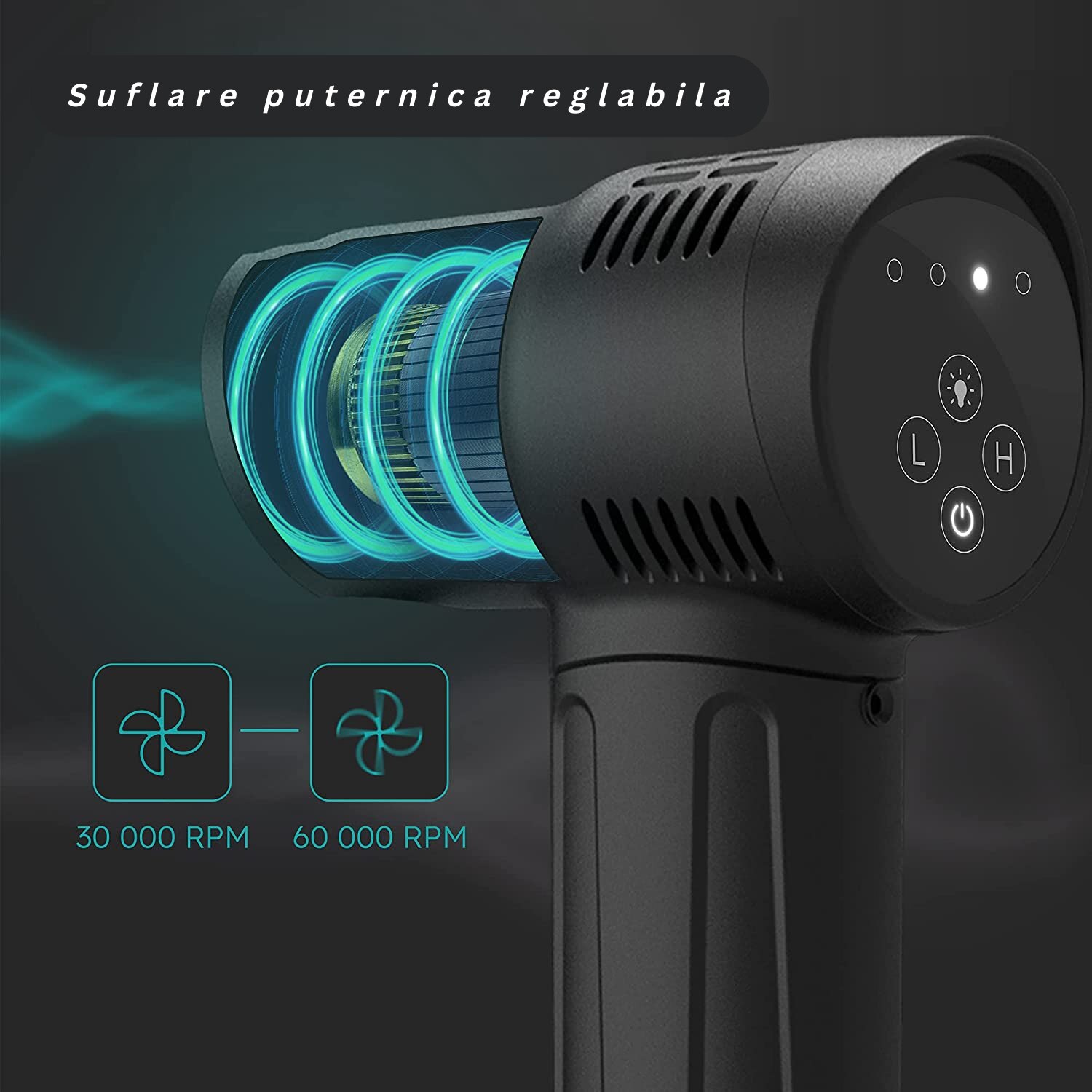 Suflanta aer electrica portabila de 6000 mAh, 60.000 RPM, cu lumina LED ...