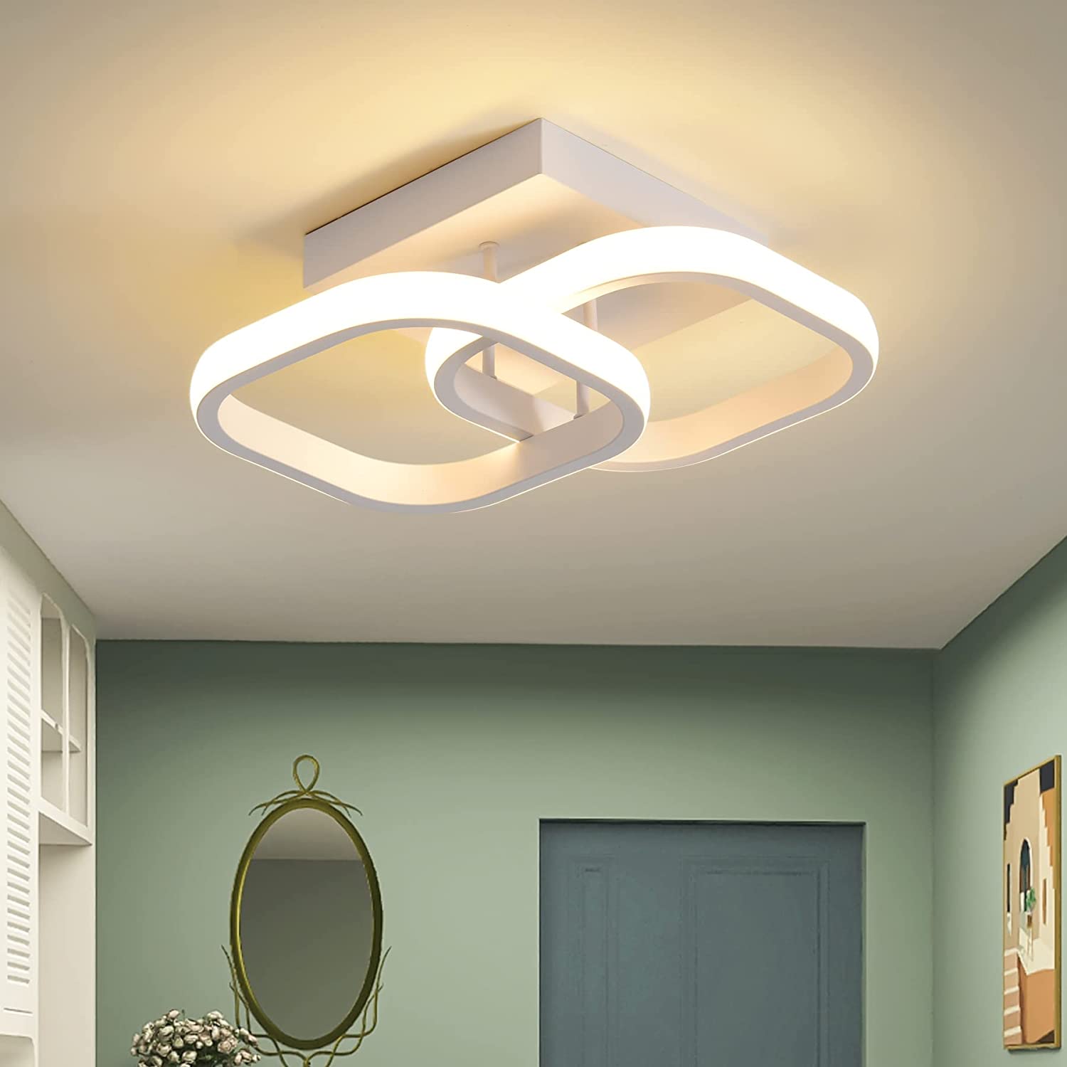 Lustra LED, Goeco, Acril/Metal, Model patrate, 22 W, Lumina calda, Alb ...