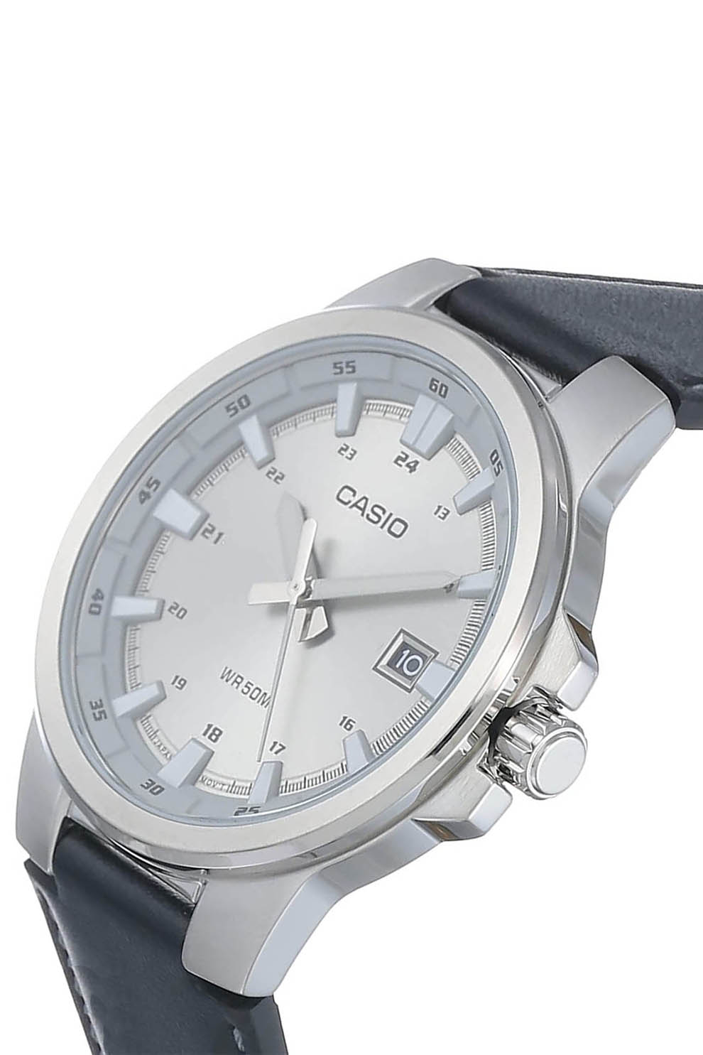 Casio, Кварцов часовник с кожена каишка, Сребрист, Тъмносин - eMAG.bg