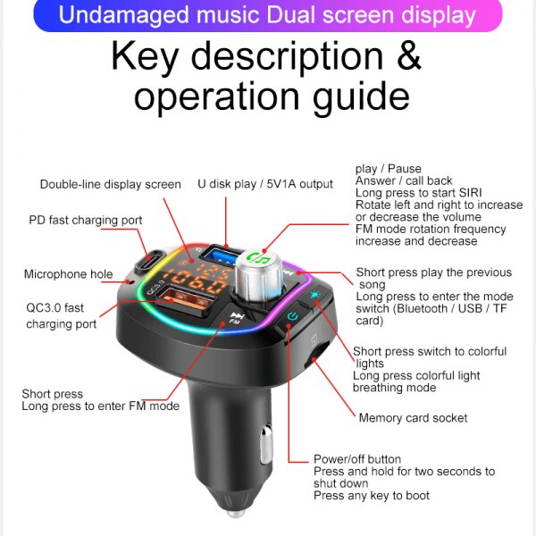 Модулатор FM Car car kit bluetooth 5.0, USB QC 3.0, USB 2.0 1A, Type C ...