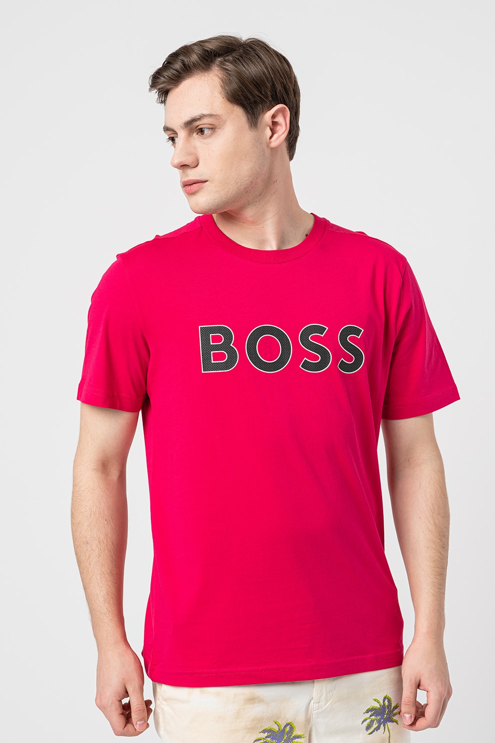 BOSS, Памучна тениска с лого, Фуксия, 2XL - eMAG.bg