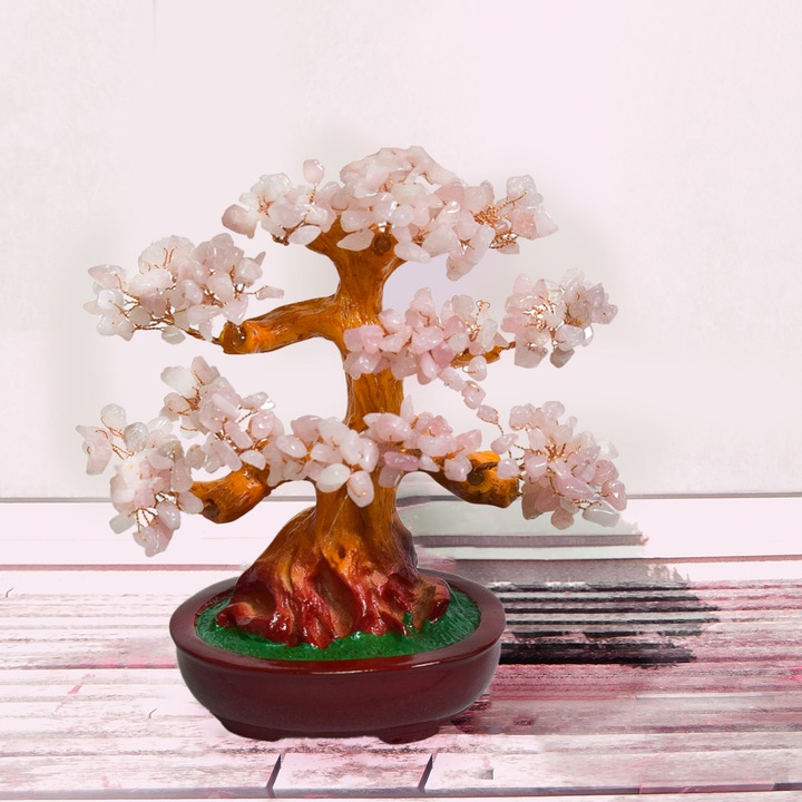Copac Feng Shui cu Pietre Semipretioase de Cuart Roz, Suport Ceramic ...