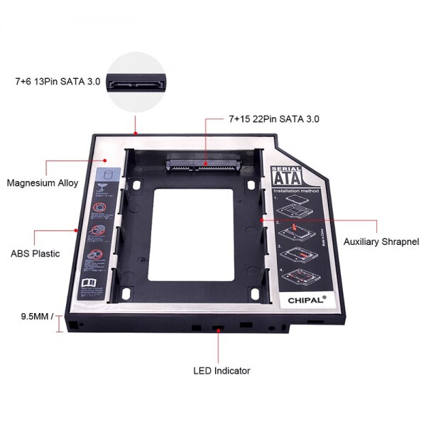 Adaptor DVD SATA Caddy 9.5mm 13 pini pentru HDD / SSD SATA 2.5 inch, 22 ...