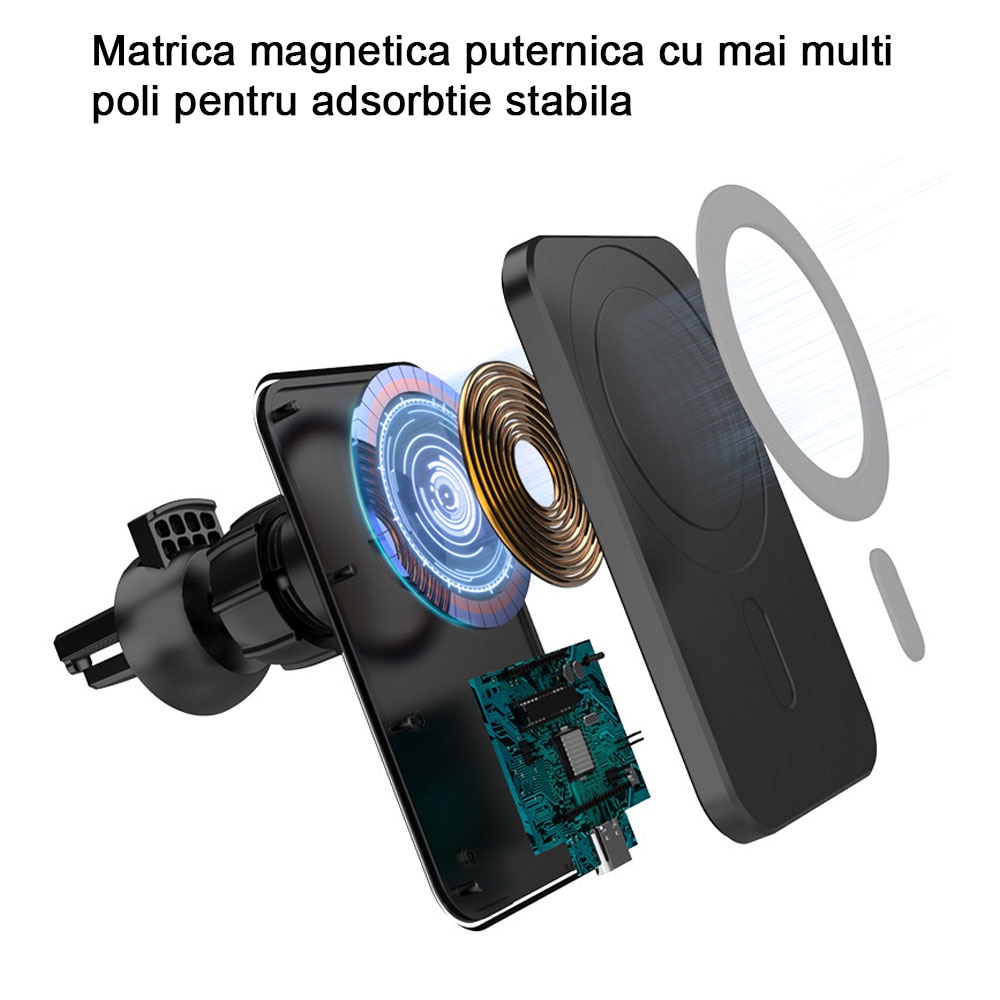 Suport auto, Compatibil Magsafe, 15W, Negru - eMAG.ro
