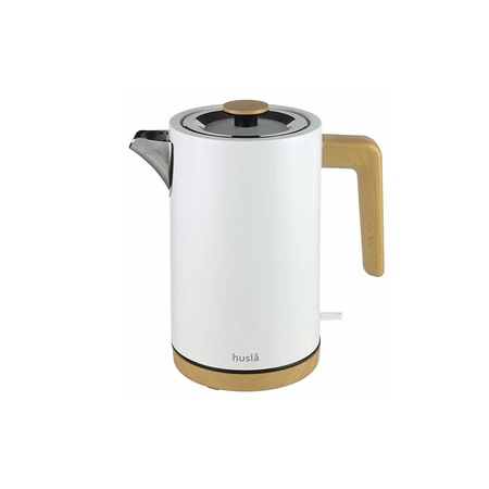Електрическа кана, Husla, Неръждаема стомана/Дърво, 1,5 л, 2000 W, Бяла ...