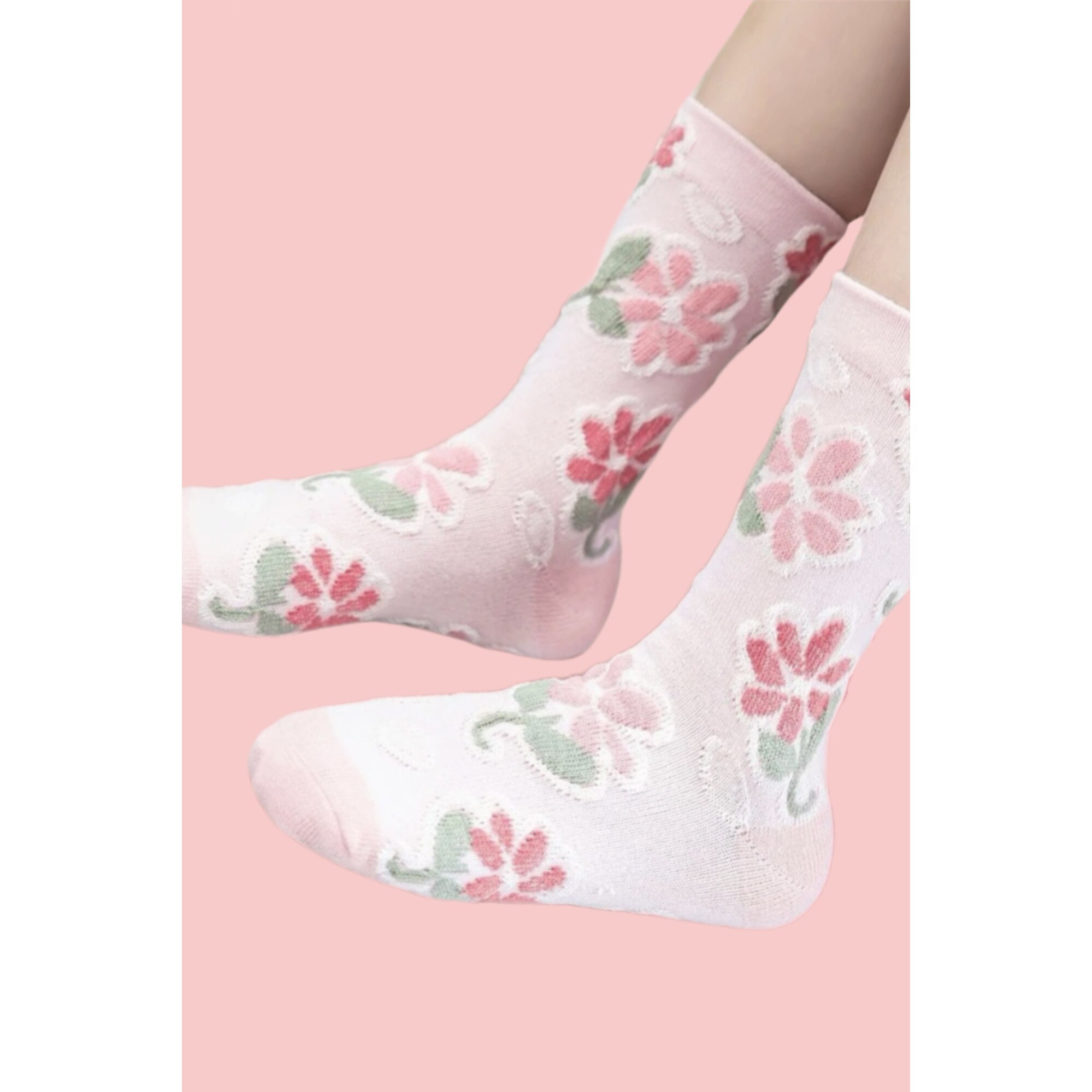 Set 5 perechi sosete fete, roz cu modele florale/inimioare, 4-7 ani, 27 ...