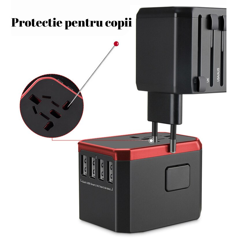Adaptor Priza Universal Pentru Calatorie, Cu 4xUSB Si 1 Type-C 3.0A ...