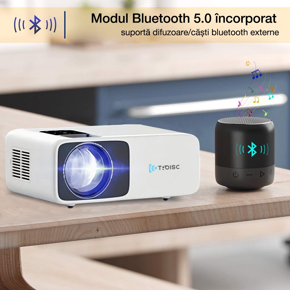Videoproiector TROISC ALPHA, 8000 Lumen, 1080p FULL HD, bluetooth 5.0 ...