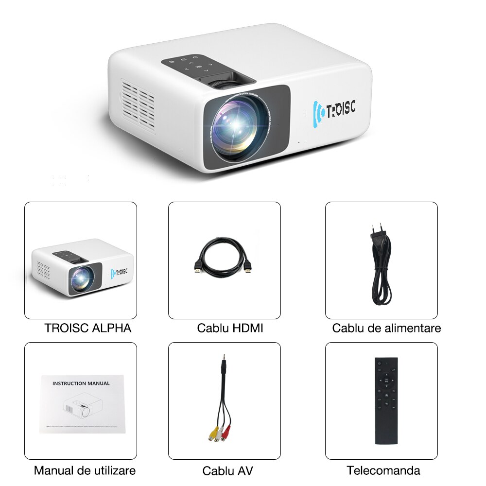 Videoproiector TROISC ALPHA, 8000 Lumen, 1080p FULL HD, bluetooth 5.0 ...