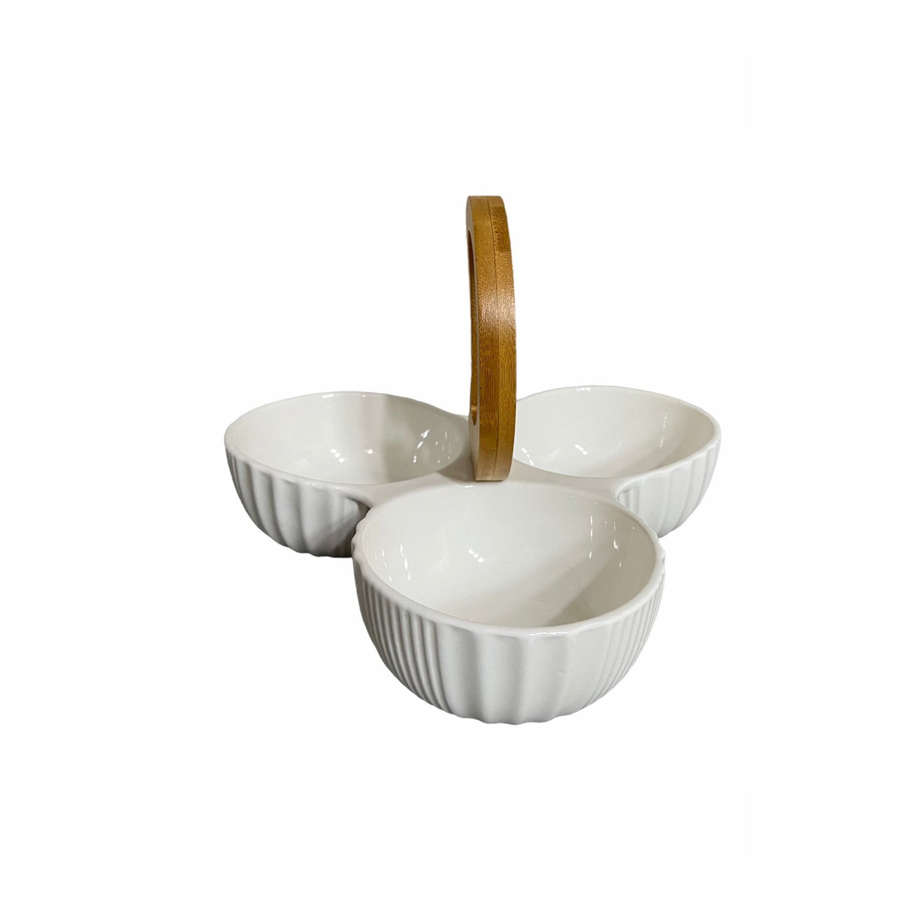 Platou ceramica, cu maner de lemn, 3 compartimente, alb, 18X22X16 cm ...
