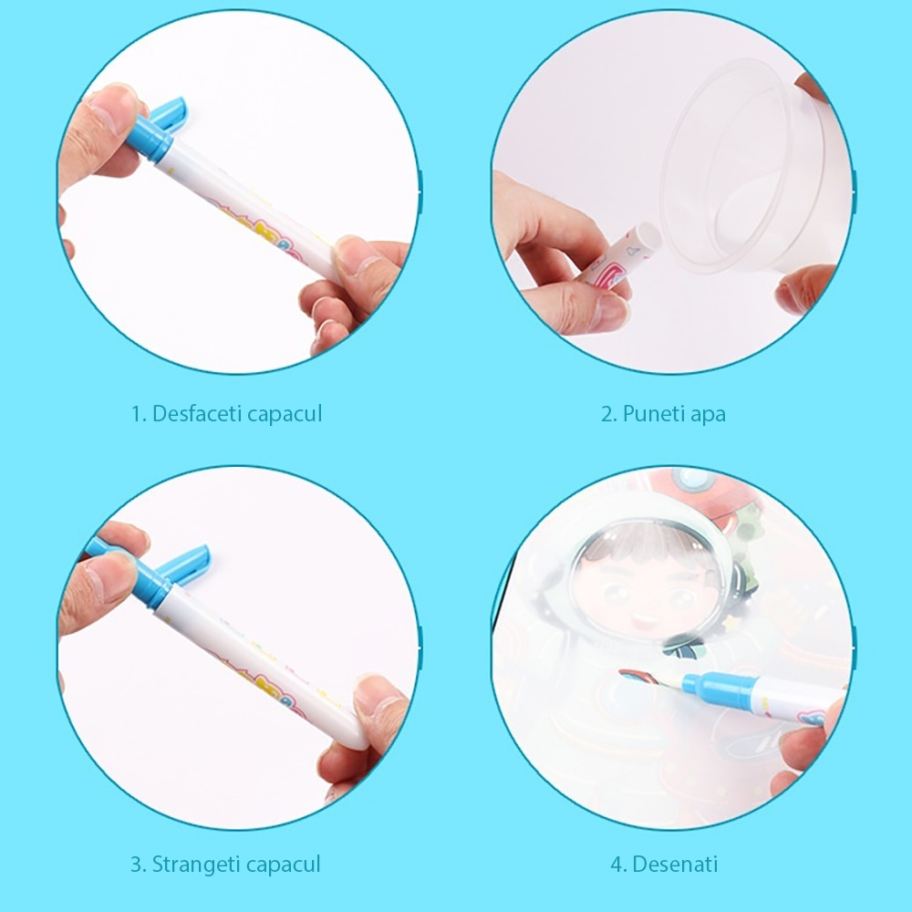 Carte de colorat cu apa, reutilizabila, 8 pagini, 4 imagini, Magic ...