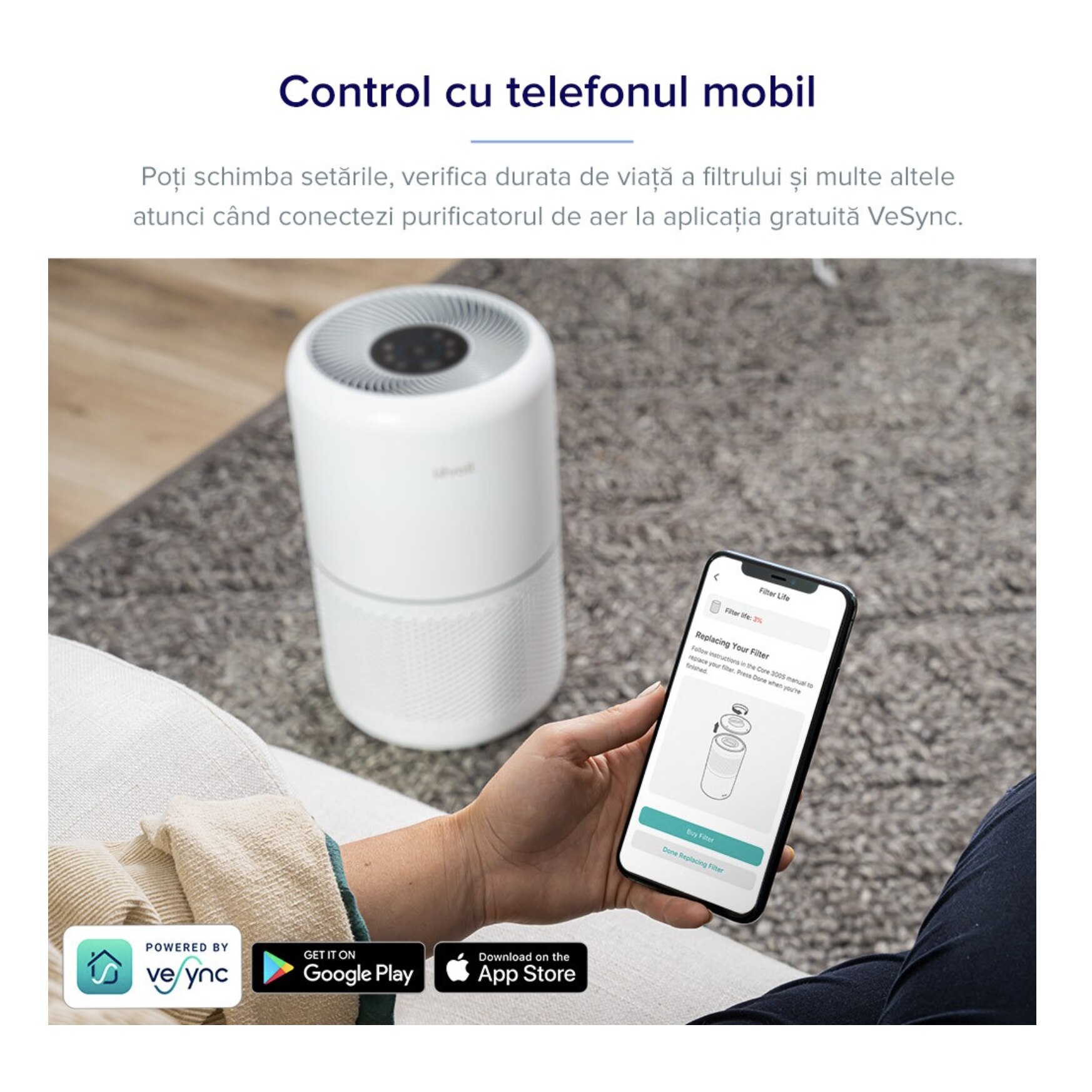 Purificator aer Core 300S, 195 mc/h, 26 W, filtru 3 in 1 true HEPA, carbon activ, control WI-FI ...