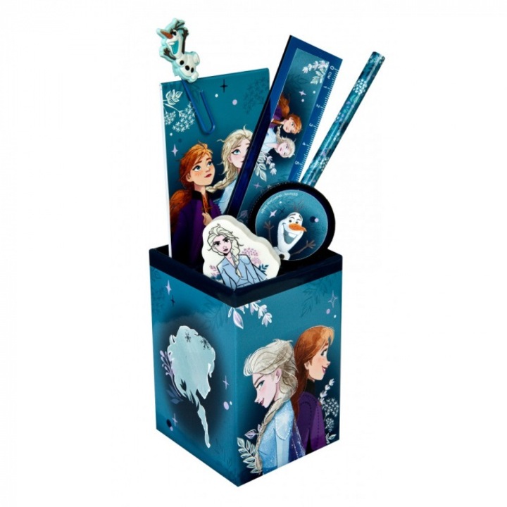 Set 7 rechizite Frozen, metalic, 24.5x14x7 cm Albastru - eMAG.ro