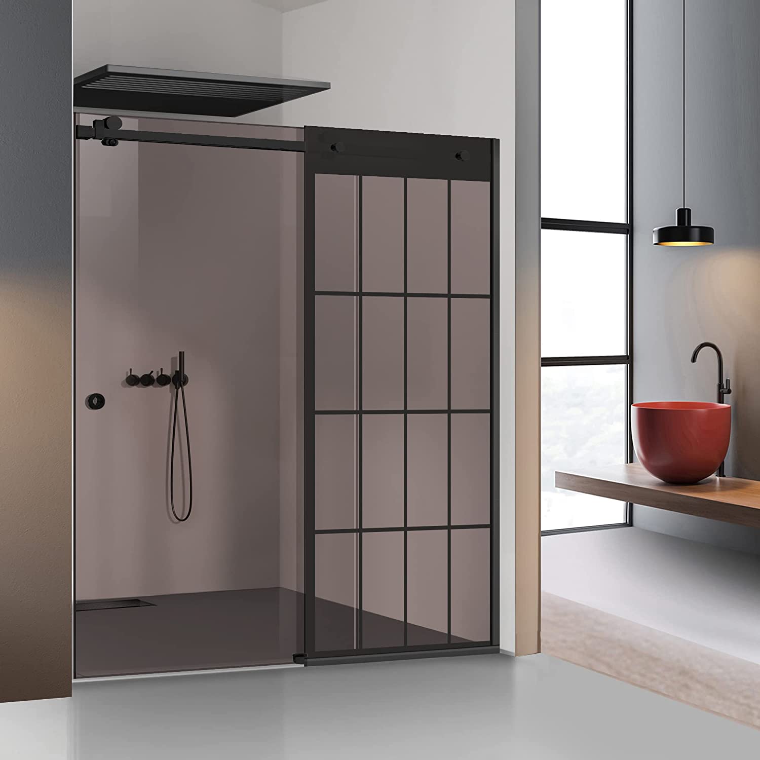 Paravan dus cu usa glisanta Glissando Black, model Rank negru, sticla ...