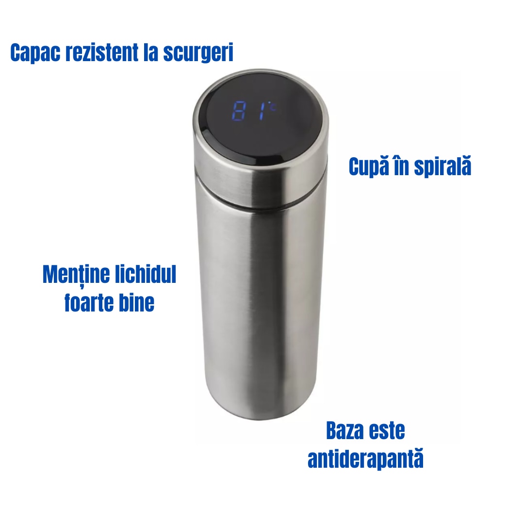 Termos, afisaj Led cu ecran tactil, indicator temperatura, otel ...