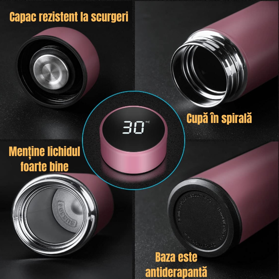 Termos, afisaj Led cu ecran tactil, indicator temperatura, otel ...