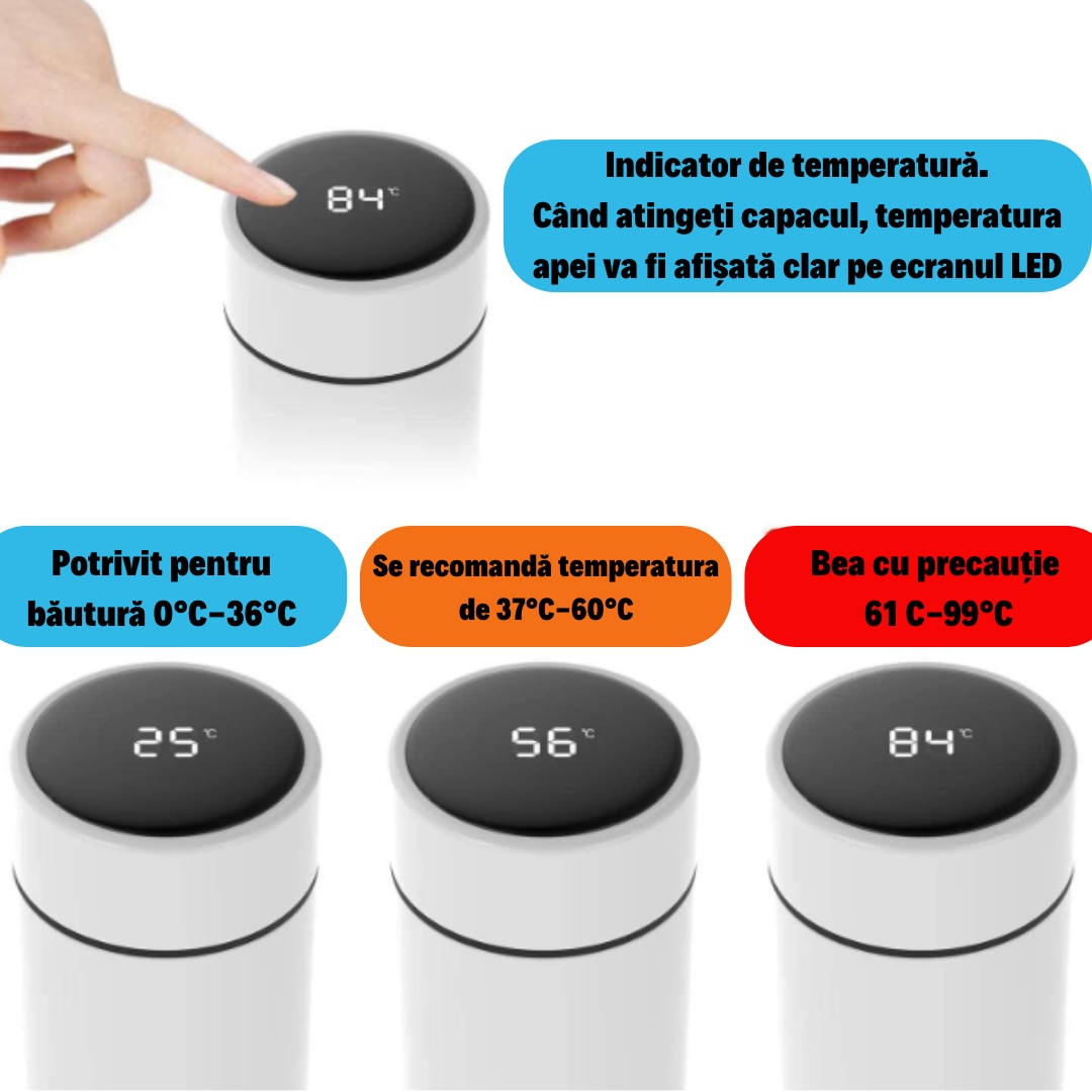 Termos, afisaj Led cu ecran tactil, indicator temperatura, otel ...