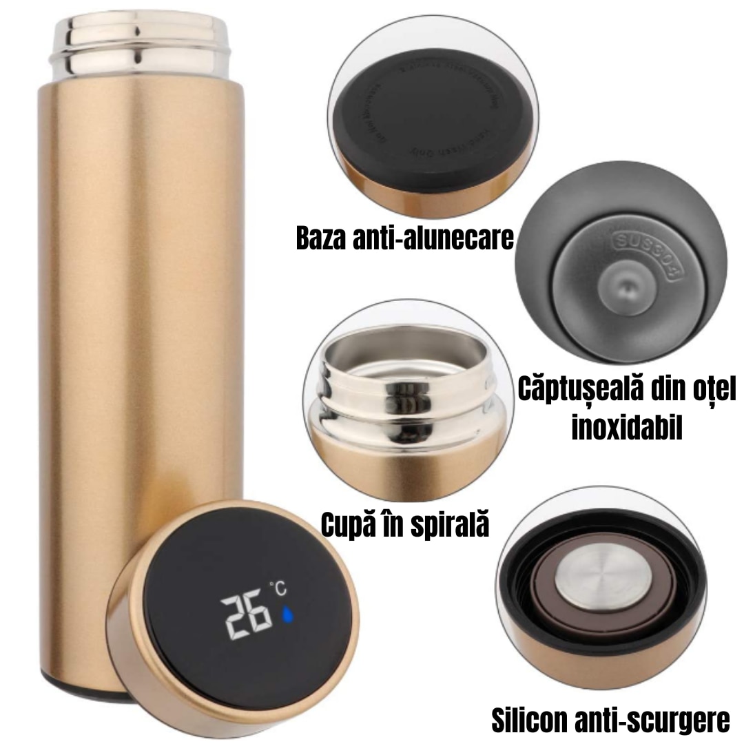 Termos, afisaj Led cu ecran tactil, indicator temperatura, otel ...