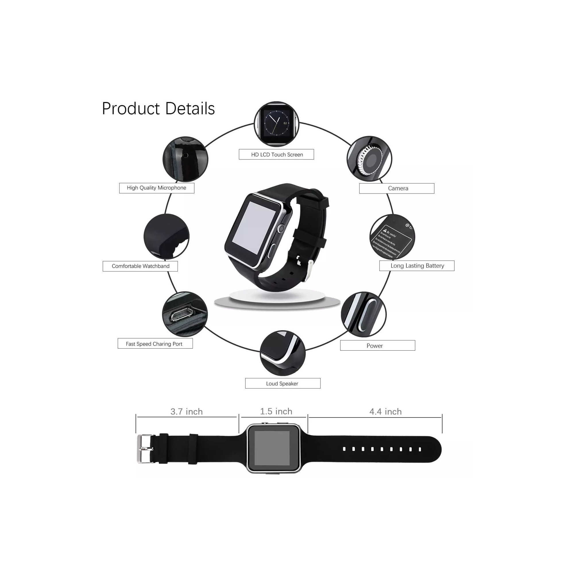 Ceas smartwatch cu ecran de 1.54 inchi, cu camera, Touch screen, suport ...