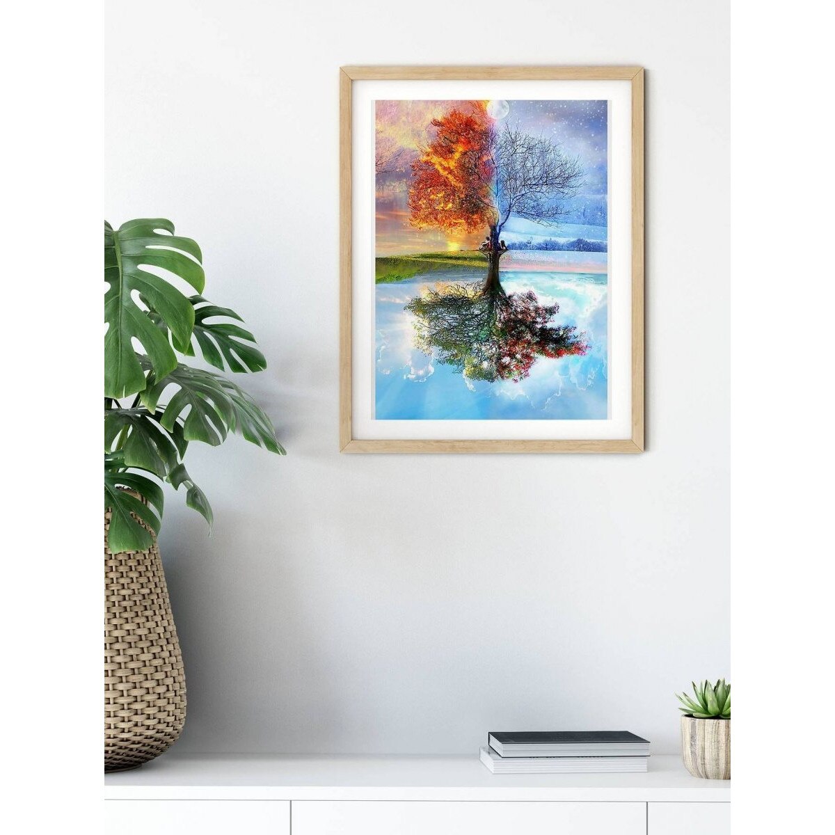 Pictura mozaic cu diamant, Copac patru anotimpuri, 35x45 cm, Multicolor ...