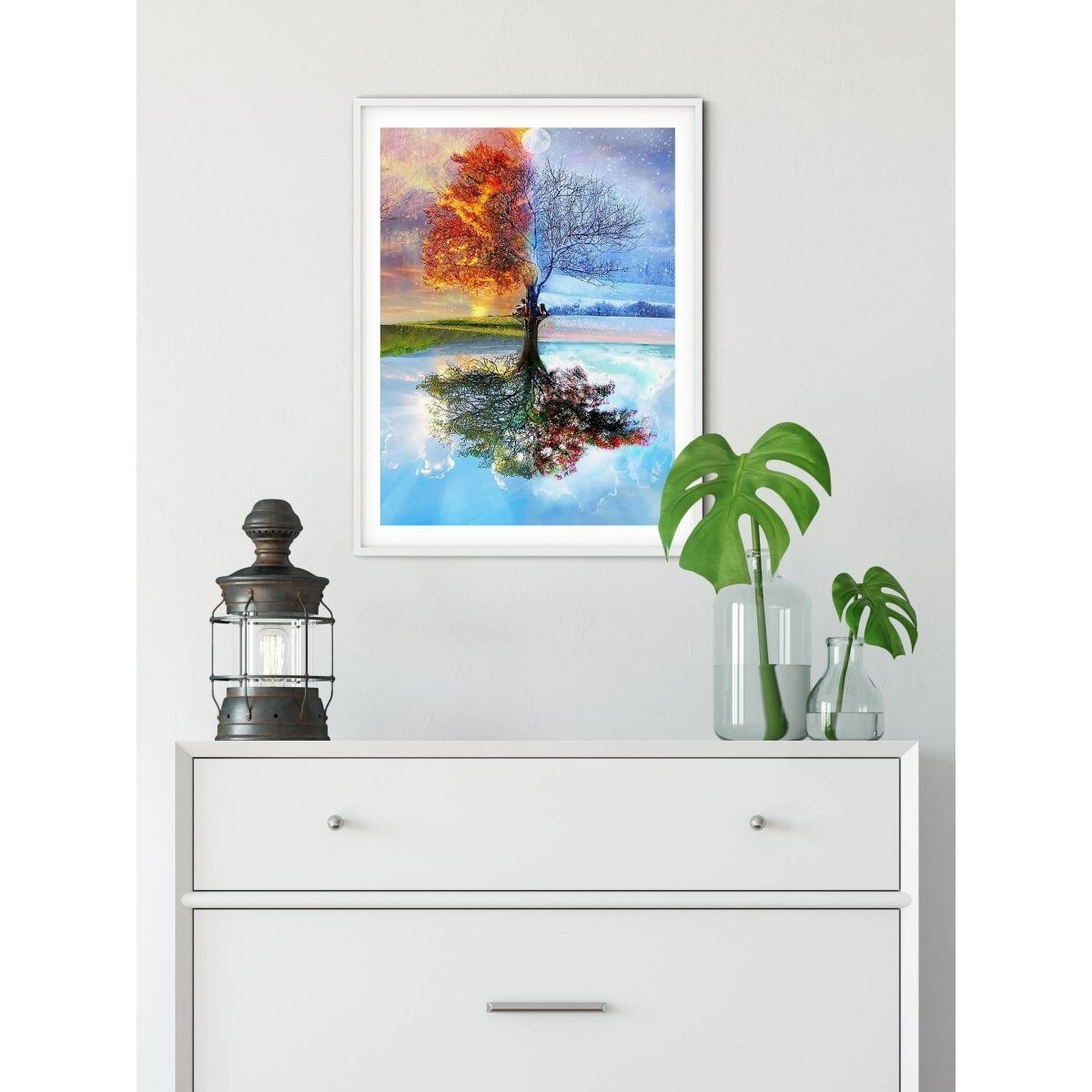 Pictura mozaic cu diamant, Copac patru anotimpuri, 35x45 cm, Multicolor ...