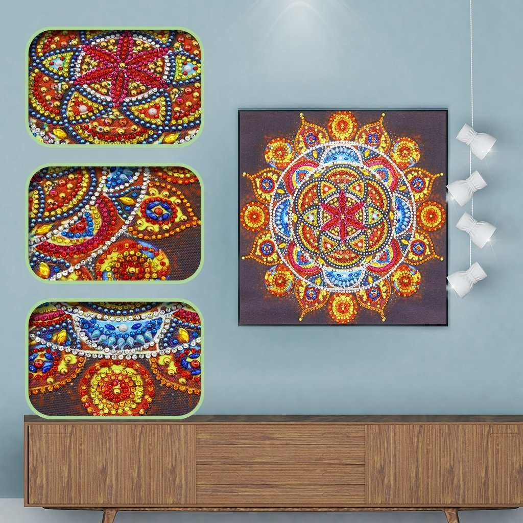 Pictura mozaic cu diamant, Mandala in flacari, 30x30 cm, Multicolor ...