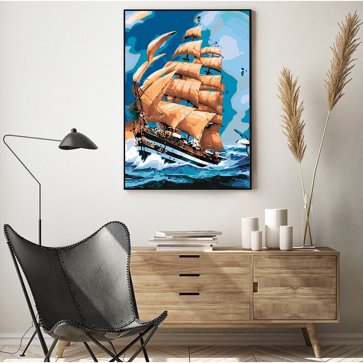 Set pictura pe numere Corabie 3138, panza bumbac pe rama lemn, 40x50 cm ...