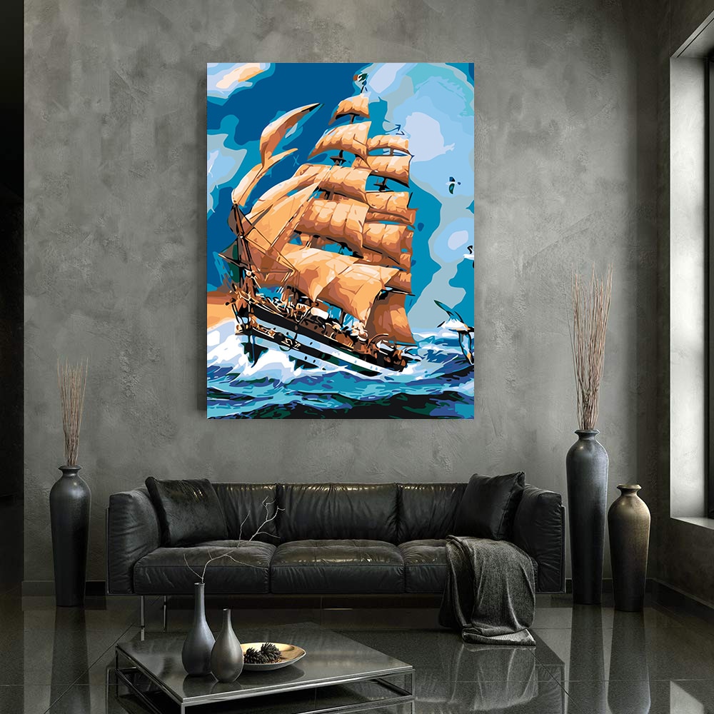 Set pictura pe numere Corabie 3138, panza bumbac pe rama lemn, 40x50 cm ...
