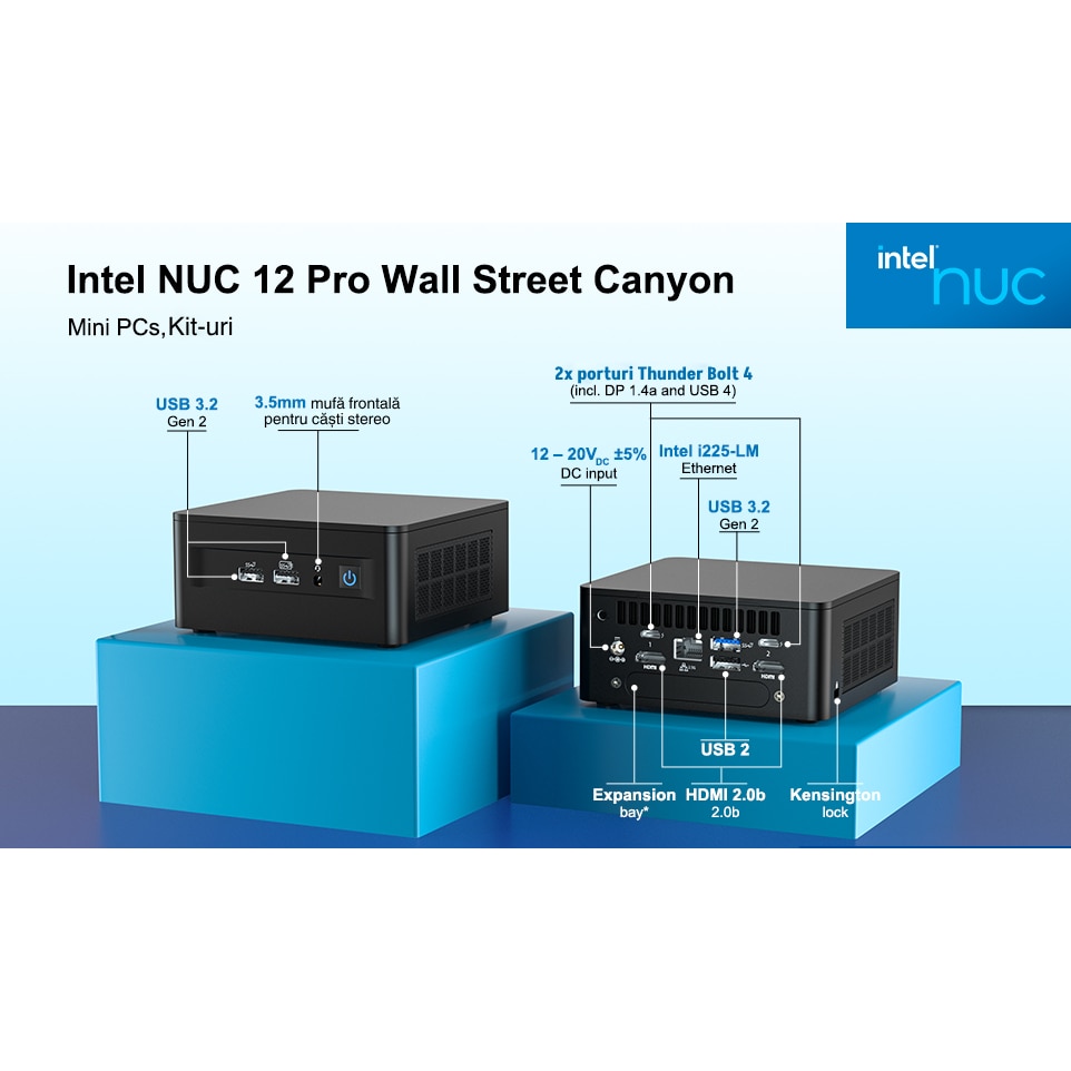Mini PC Intel® NUC 12 Pro Kit NUC12WSHi5 cu procesor Intel® Core™ i5-1240P pana la 4.40GHz, 16GB ...