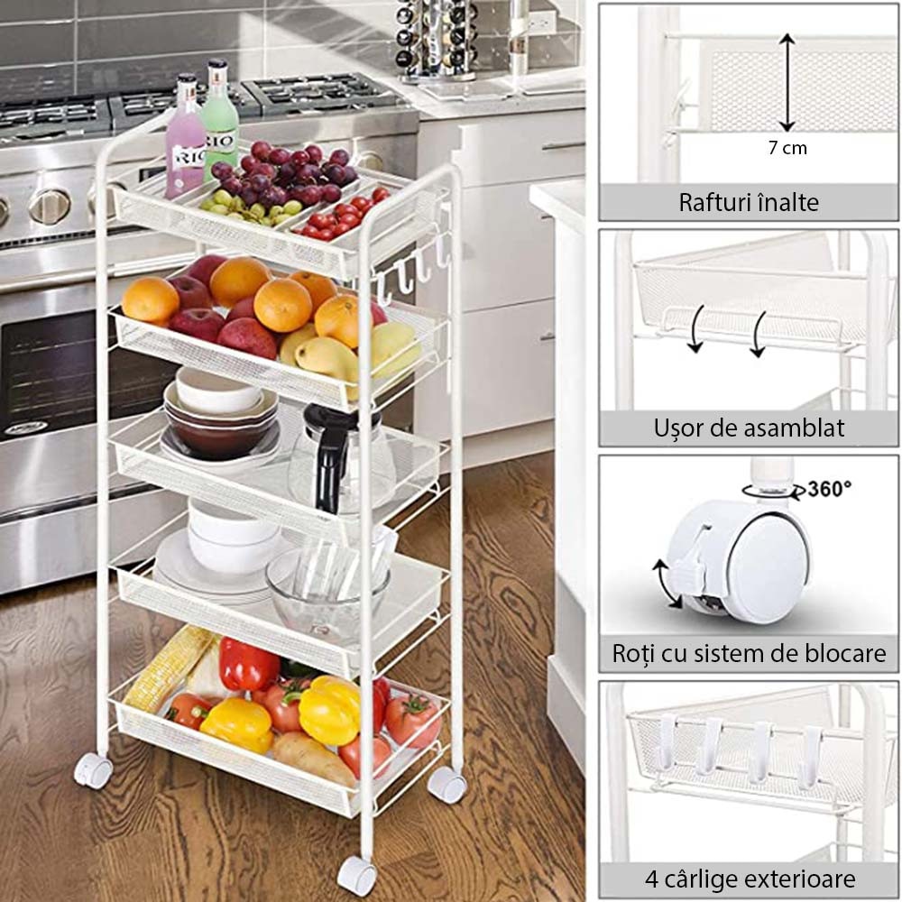 Organizator universal cu 5 rafturi - cosuri metalice, 44 x 26 x 104 cm ...