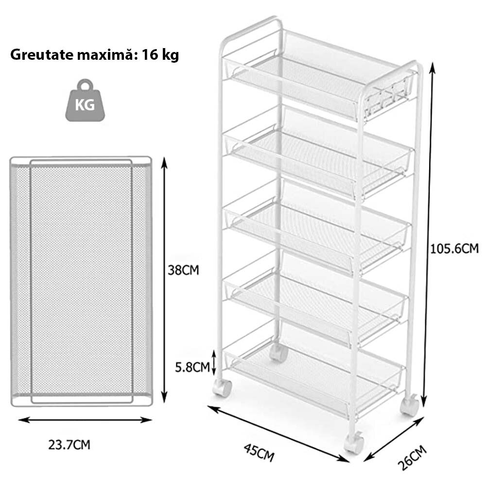 Organizator universal cu 5 rafturi - cosuri metalice, 44 x 26 x 104 cm ...
